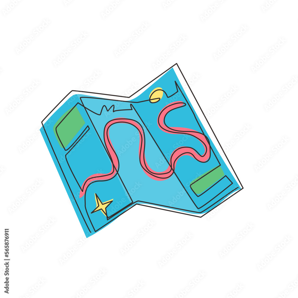Continuous one line drawing map for traveling in doodle style. Folded ...