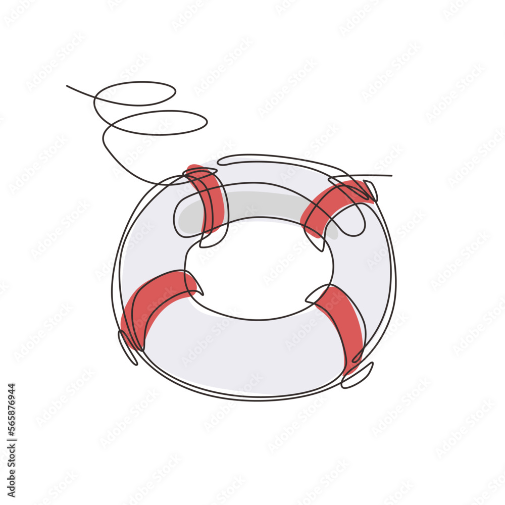 Single continuous line drawing lifebuoys, rescue belts, inflatable ...