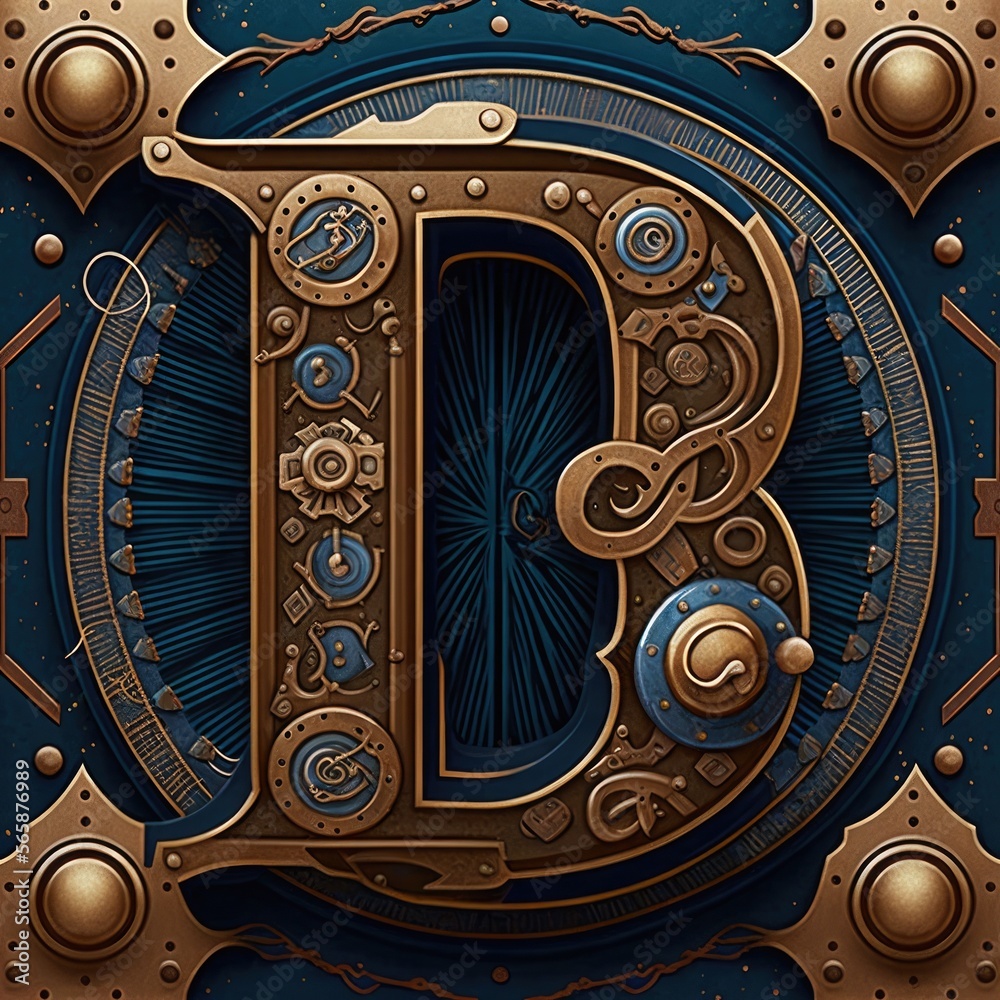 Capital letter D, steampunk alphabet in bronze metal and navy blue, AI ...