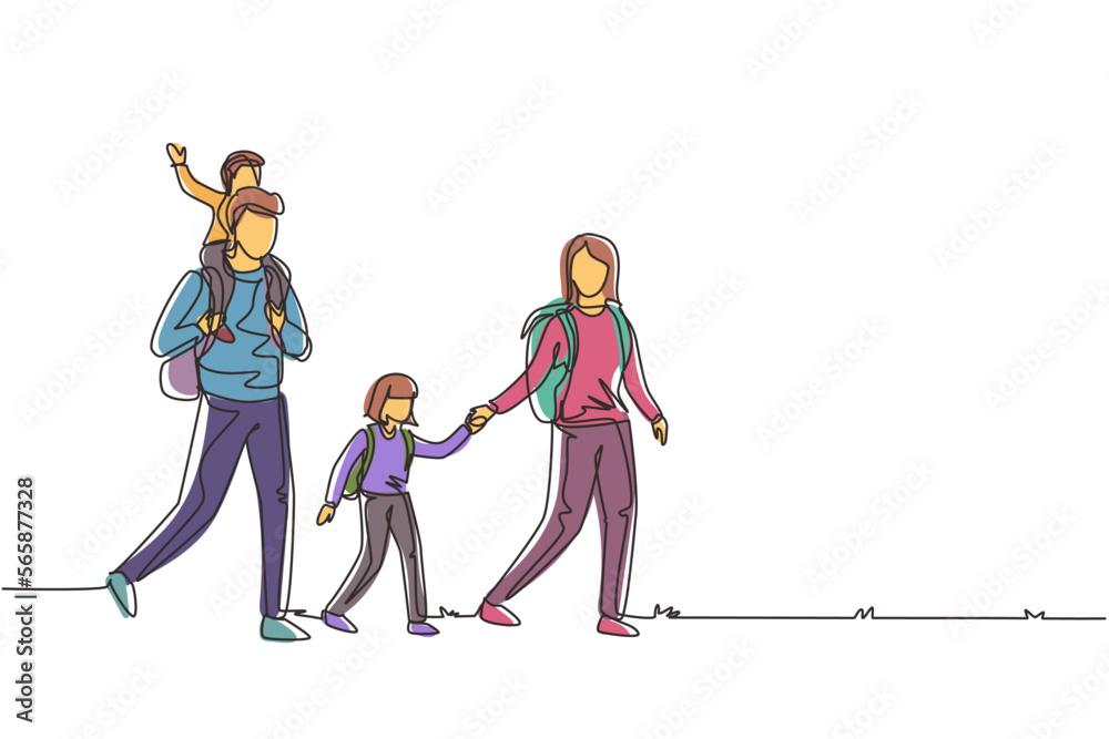 Continuous one line drawing hiking family with two children. Group of ...