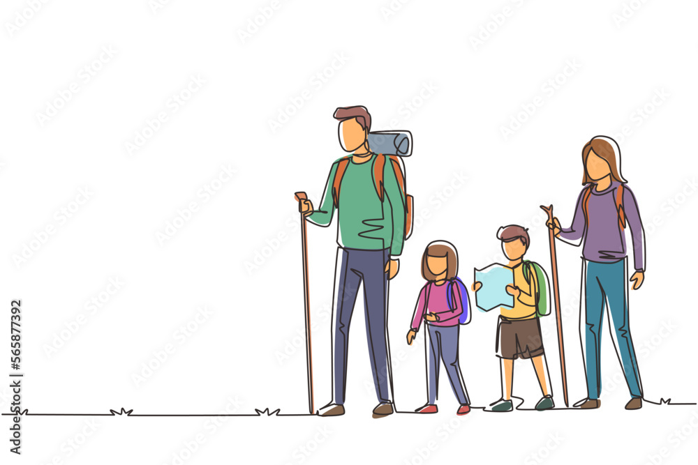 Single continuous line drawing family goes camping. Young parents and ...