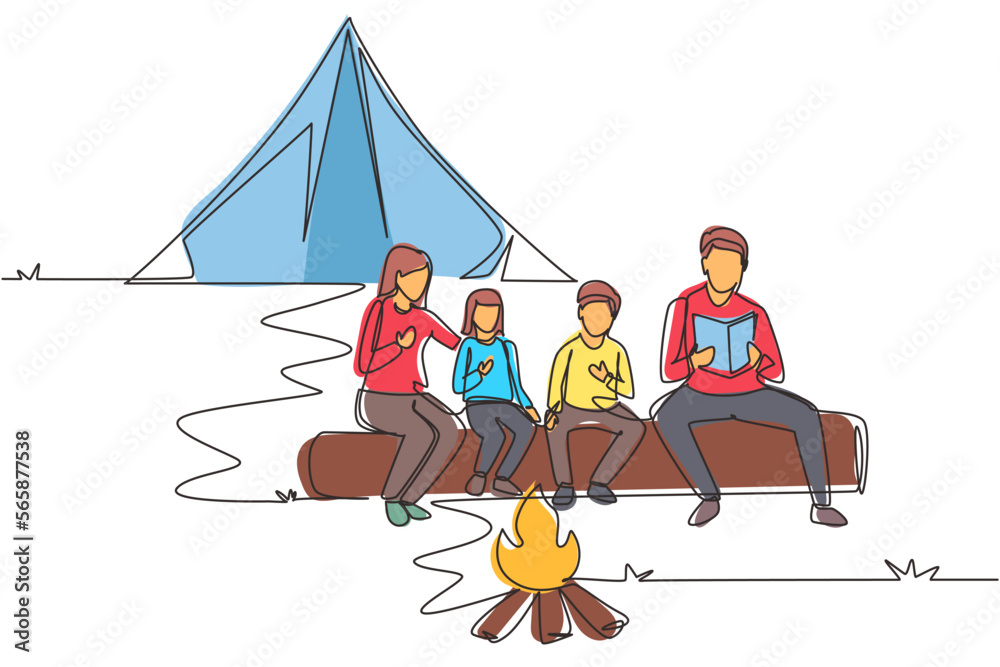 Continuous one line drawing happy family at summer camping spending ...