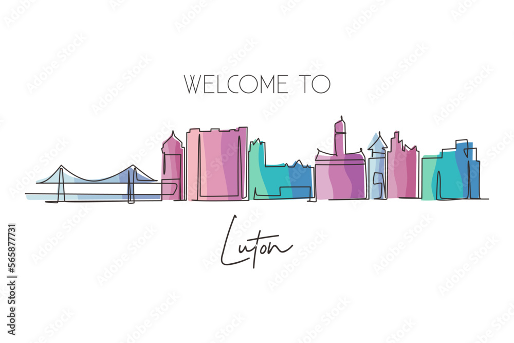Continuous one line drawing Luton city skyline, England. Famous city ...