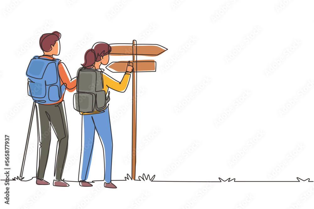 Continuous one line drawing direction pointer, hikers couple, man and ...