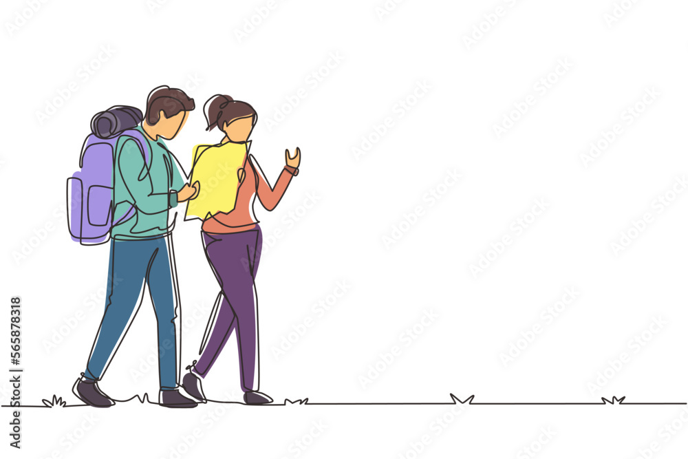 Continuous one line drawing couples hiking man woman with backpack and ...