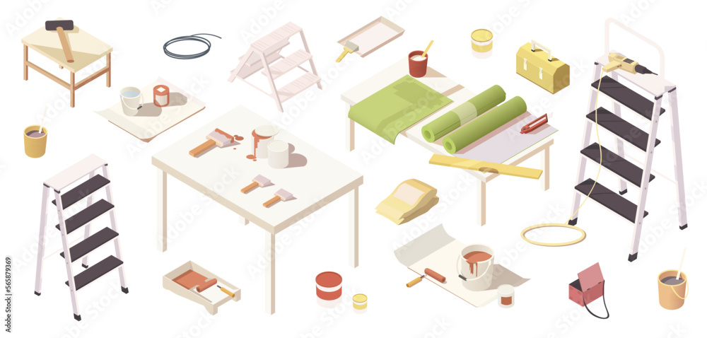 Renovation painter tools big set. Paint roller, brush, wallpaper and ...