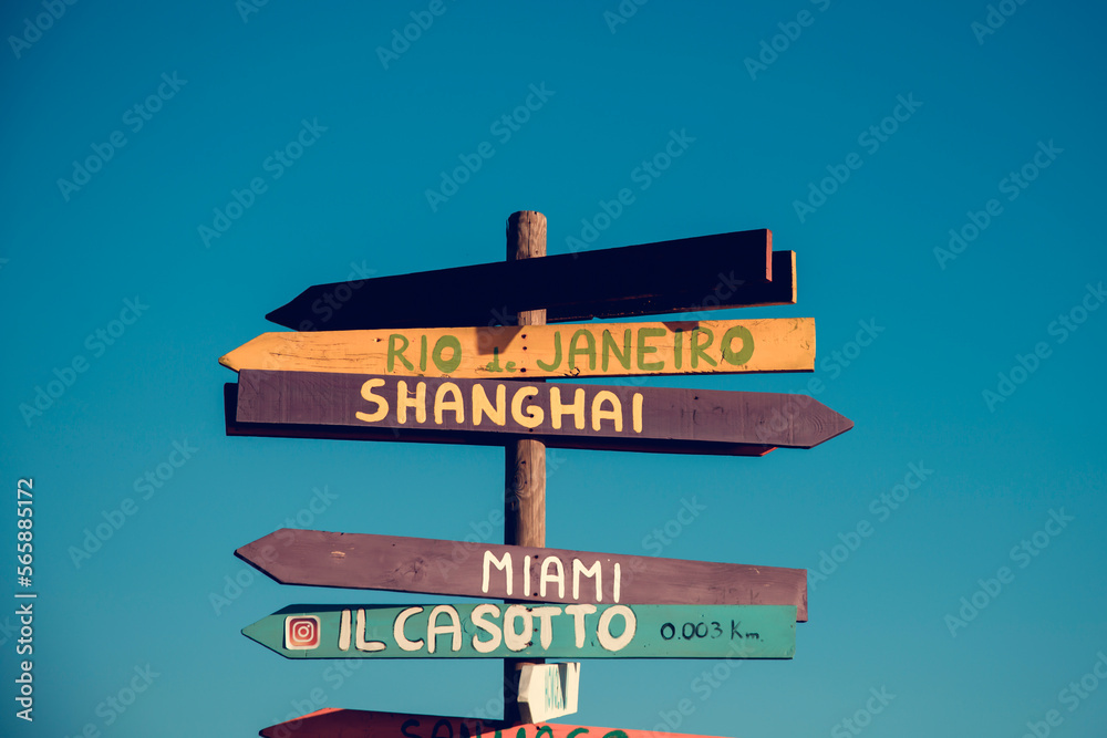 Funny direction signpost with distance to many different countries ...