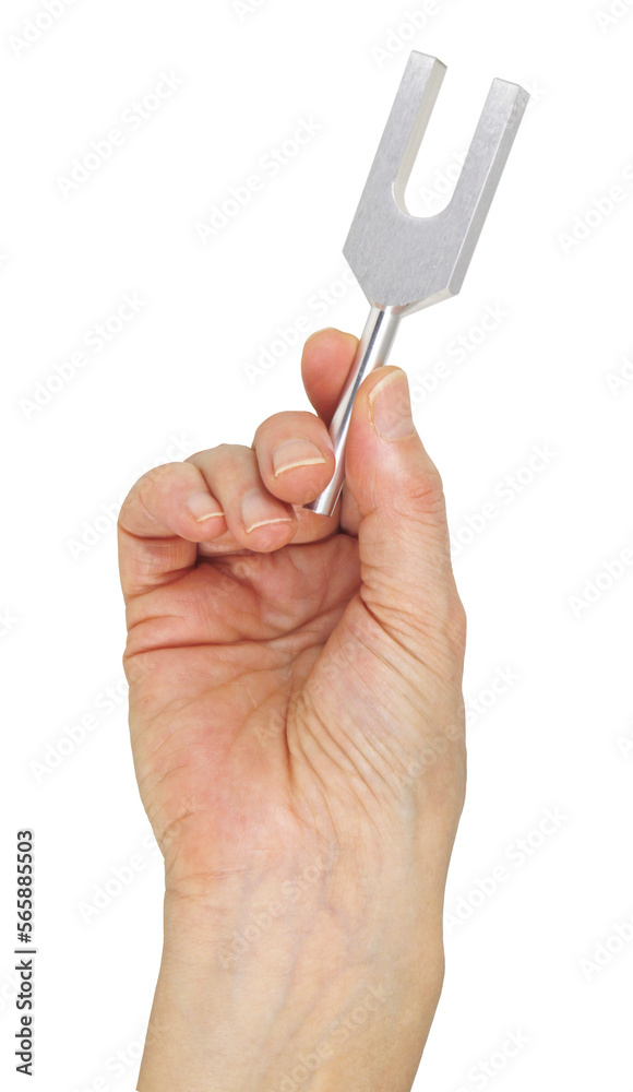 The smallest of the Tuning Forks - female hand holding a short aluminum ...