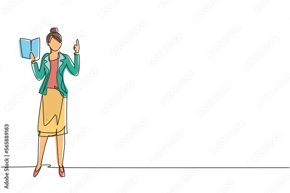 Vetor De Single Continuous Line Drawing Young Woman Professor Standing