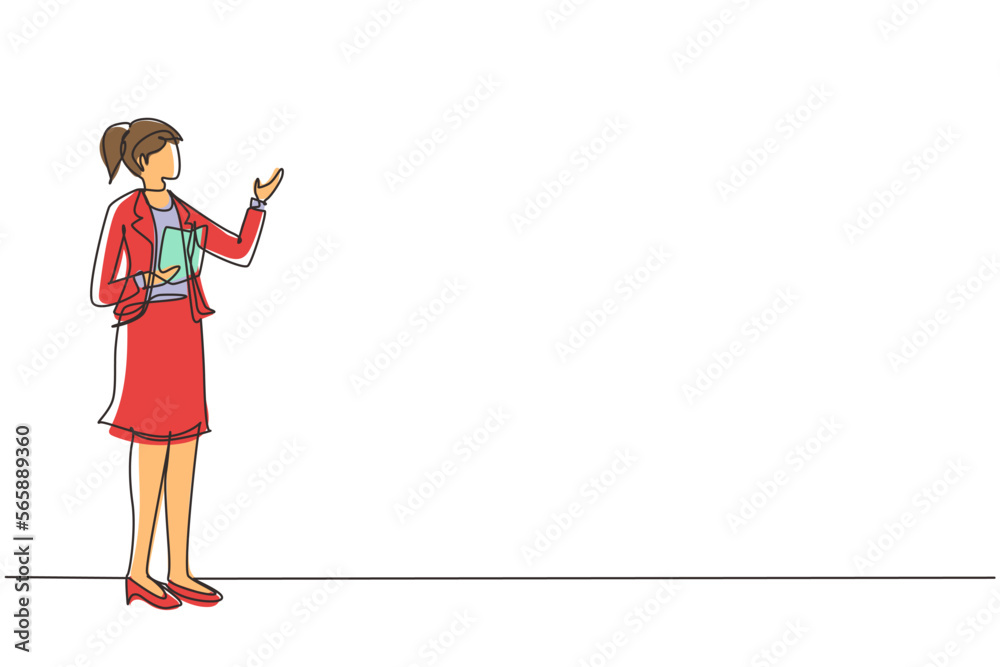 Single one line drawing woman teacher, professor standing in front of ...