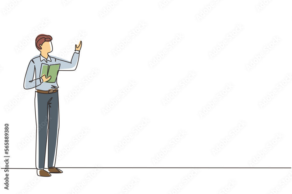 Continuous one line drawing man teacher, professor standing in front of ...