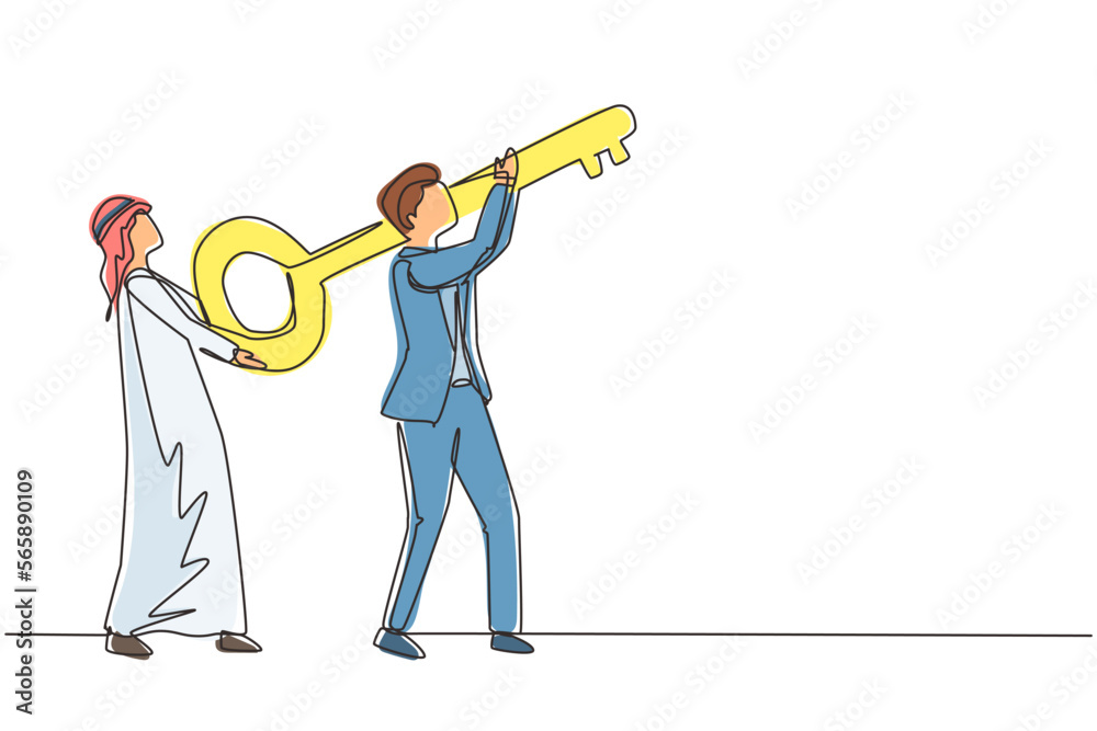 Single one line drawing two Arab businessman hold together key to open ...