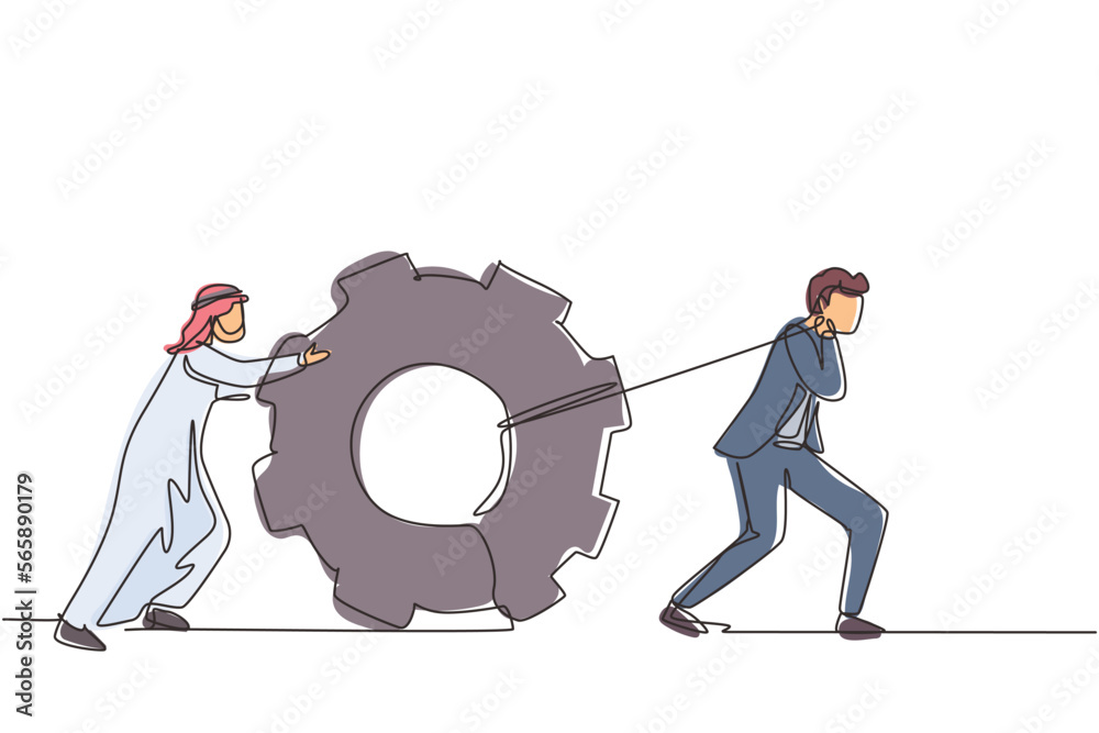 Single continuous line drawing Arabian business men pulling large gear ...