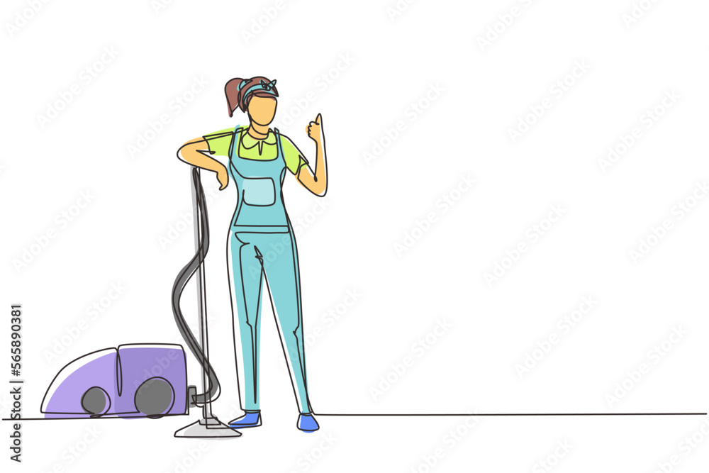 Single continuous line drawing worker of cleaning service. Woman ...
