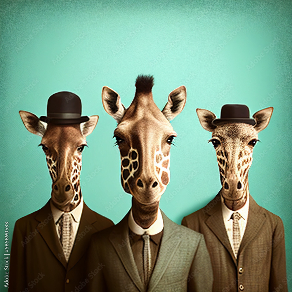 3 giraffes portrait painting Magritte style created with AI generative ...