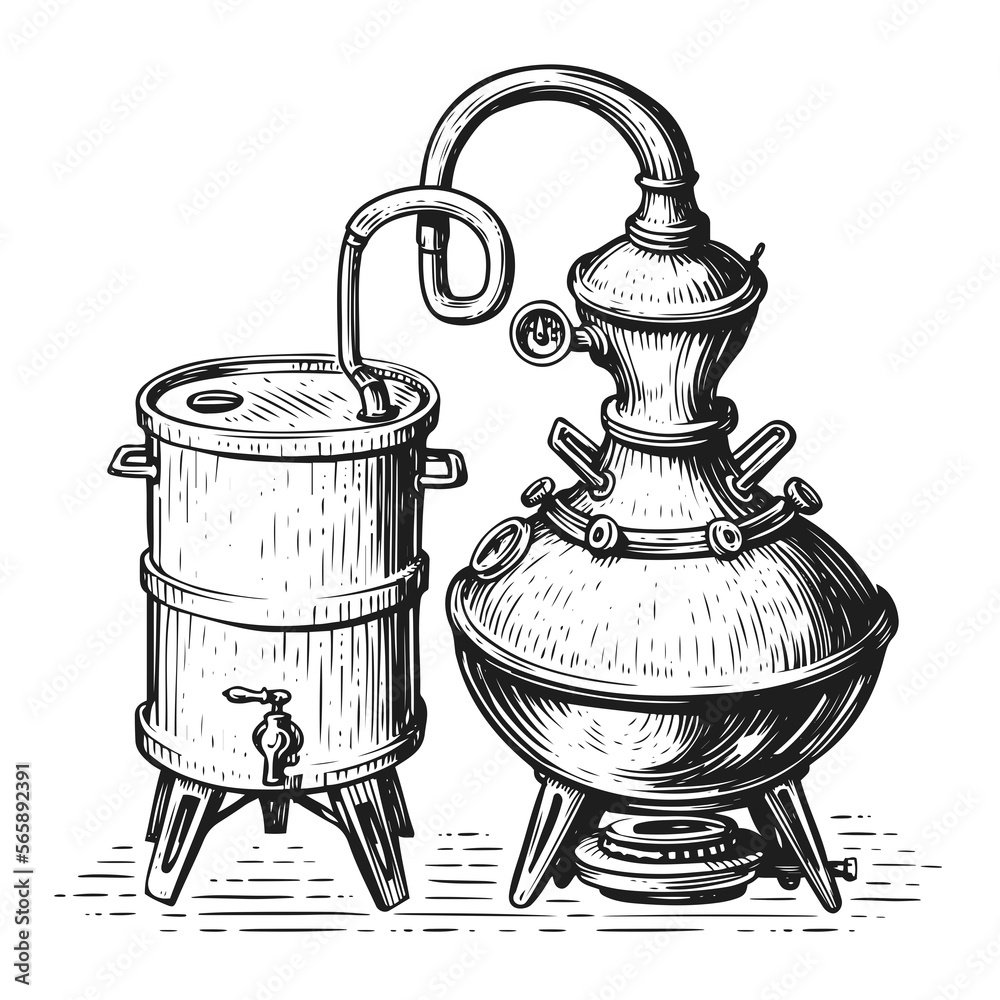 Distillation apparatus sketch. Alcohol ethanol production, distillery ...