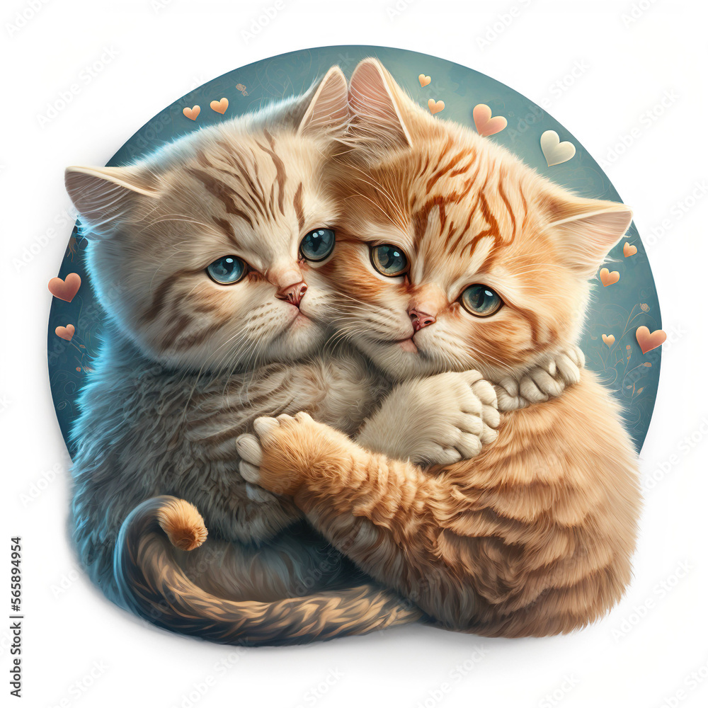 Cute adorable lovable animal baby cats couple cartoon, hugging in love ...