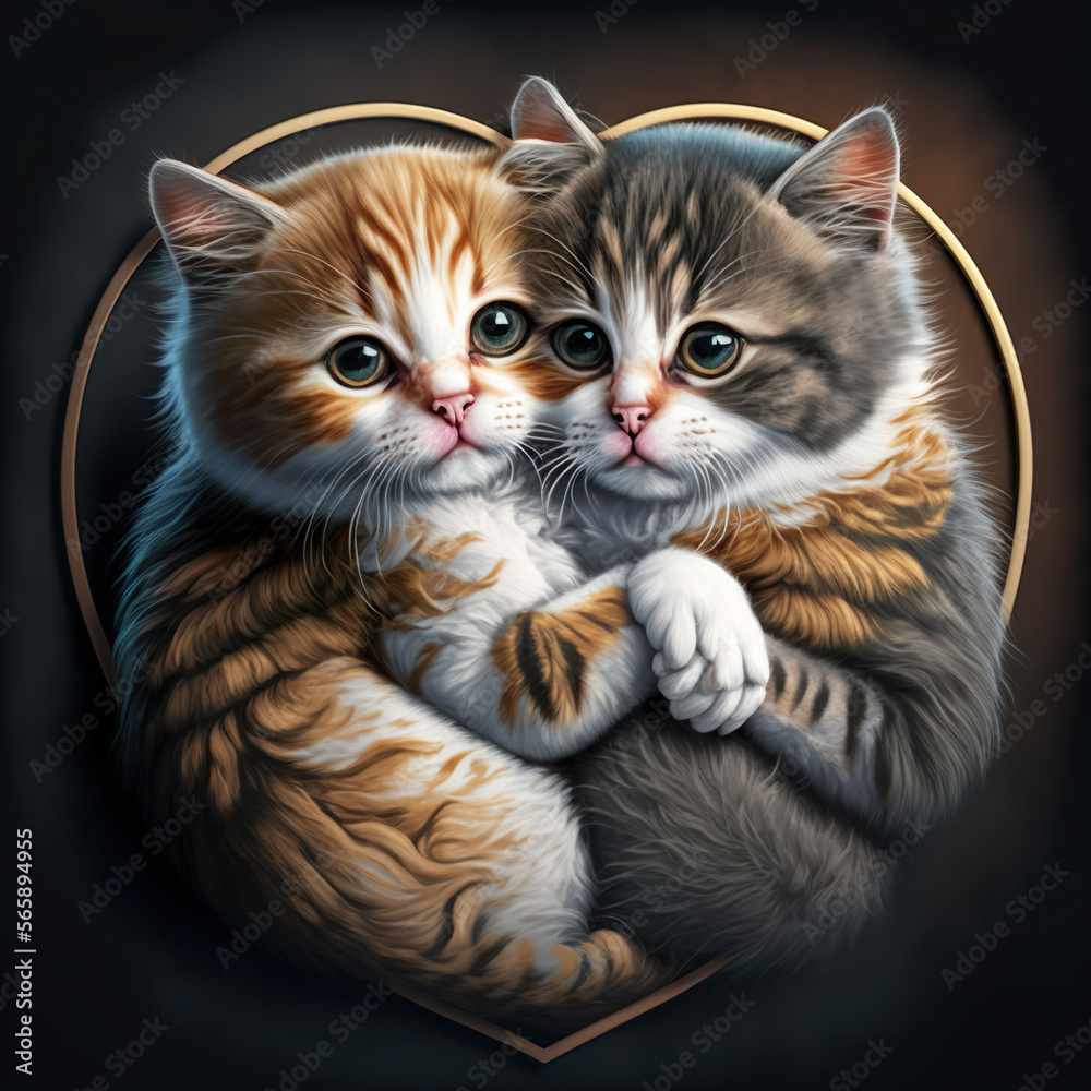 Cute adorable lovable animal baby cats couple cartoon, hugging in love ...