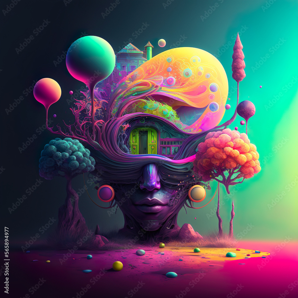 Psychedelic rave psytrance abstract digital print of a face mixed with ...