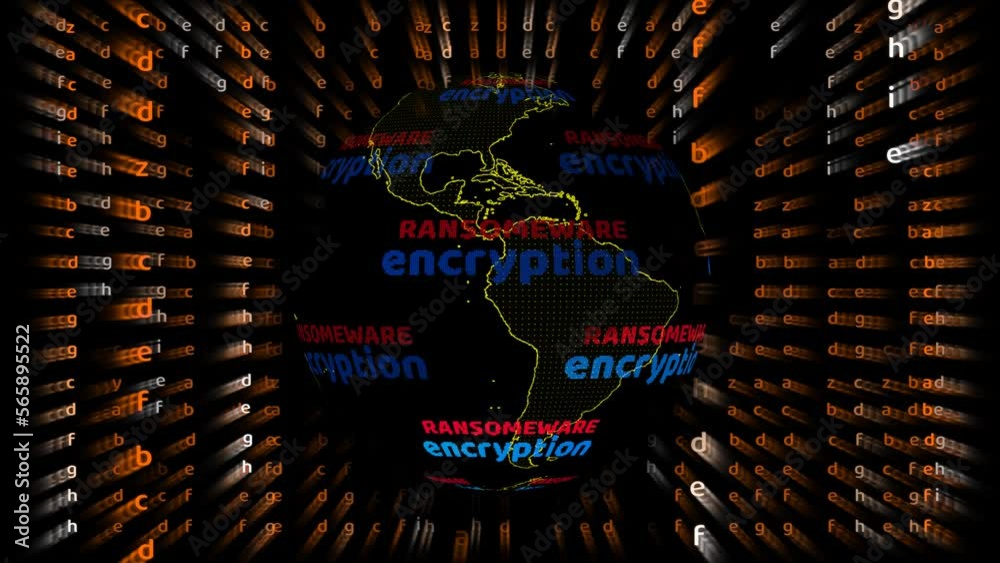 World map or global map animation with ransomware encryption digital text rotating and alphabet ...