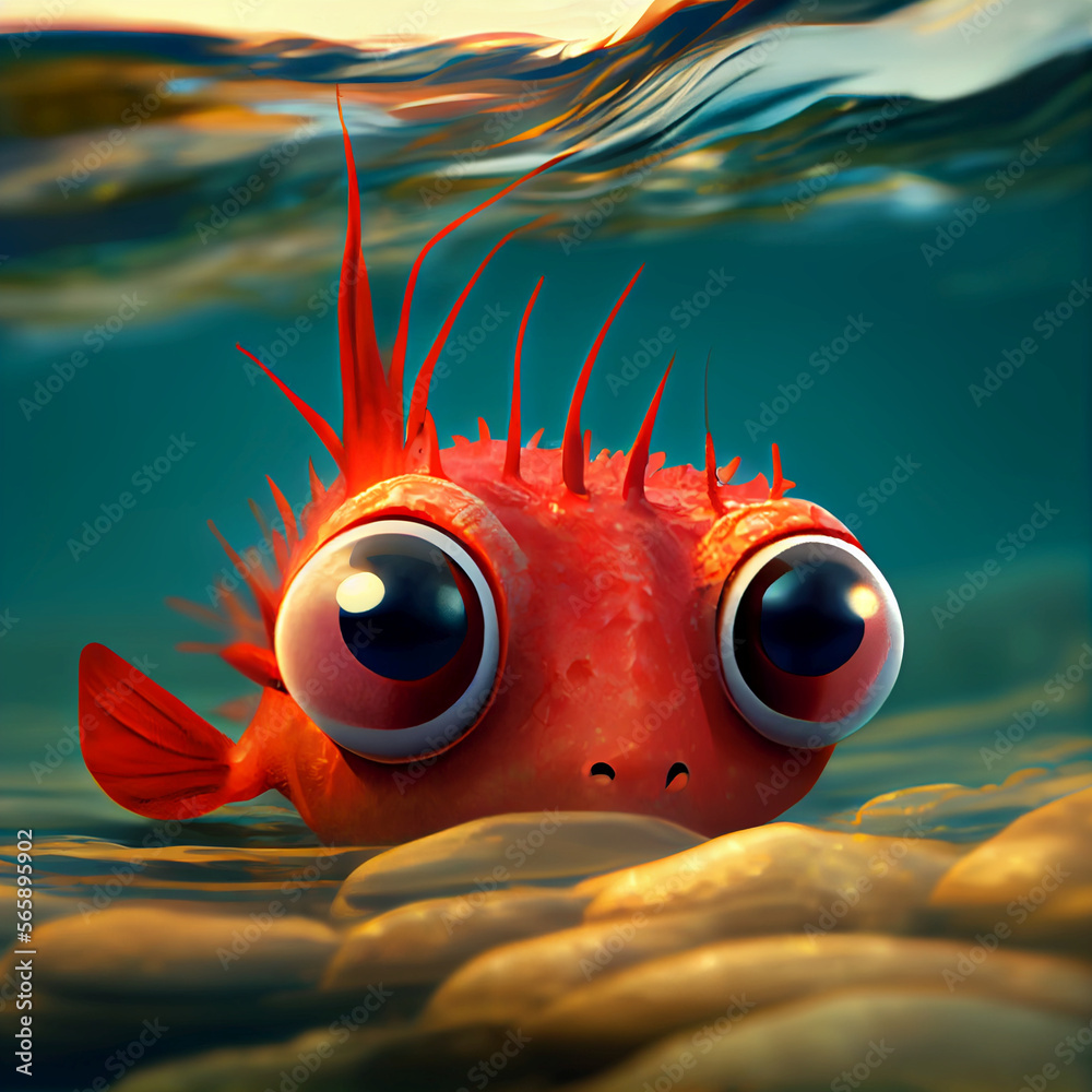 cartoon red fish in aquarium - AI generated funny character Stock ...