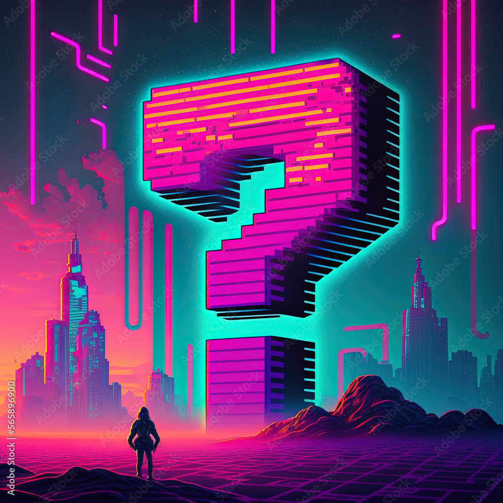 Retrowave question mark, gaming style 80', 90', gaming process ...