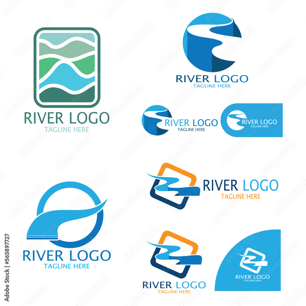 Logos of rivers, creeks, riverbanks and streams, tributaries ...