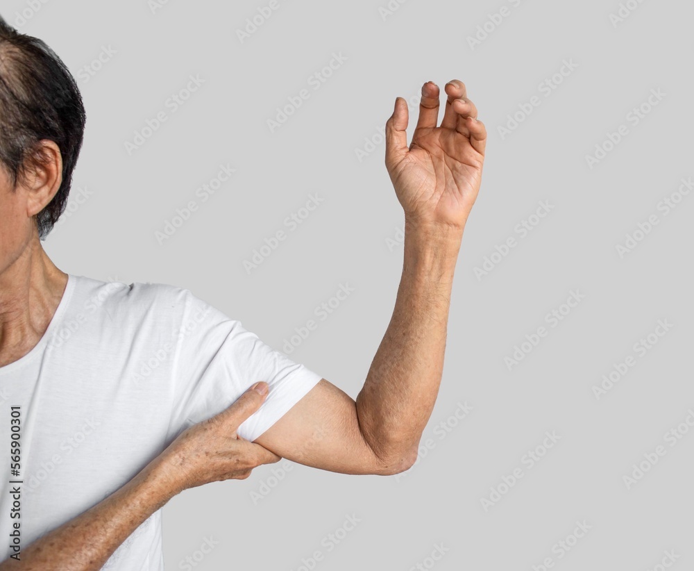 Stiffness in the shoulder joint of Asian man. Concept of frozen ...