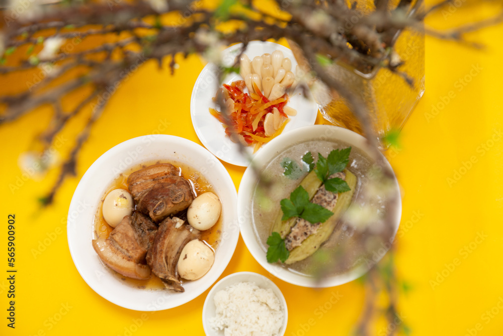 Family dinning table of Tet holiday or Lunar New Year with traditional ...