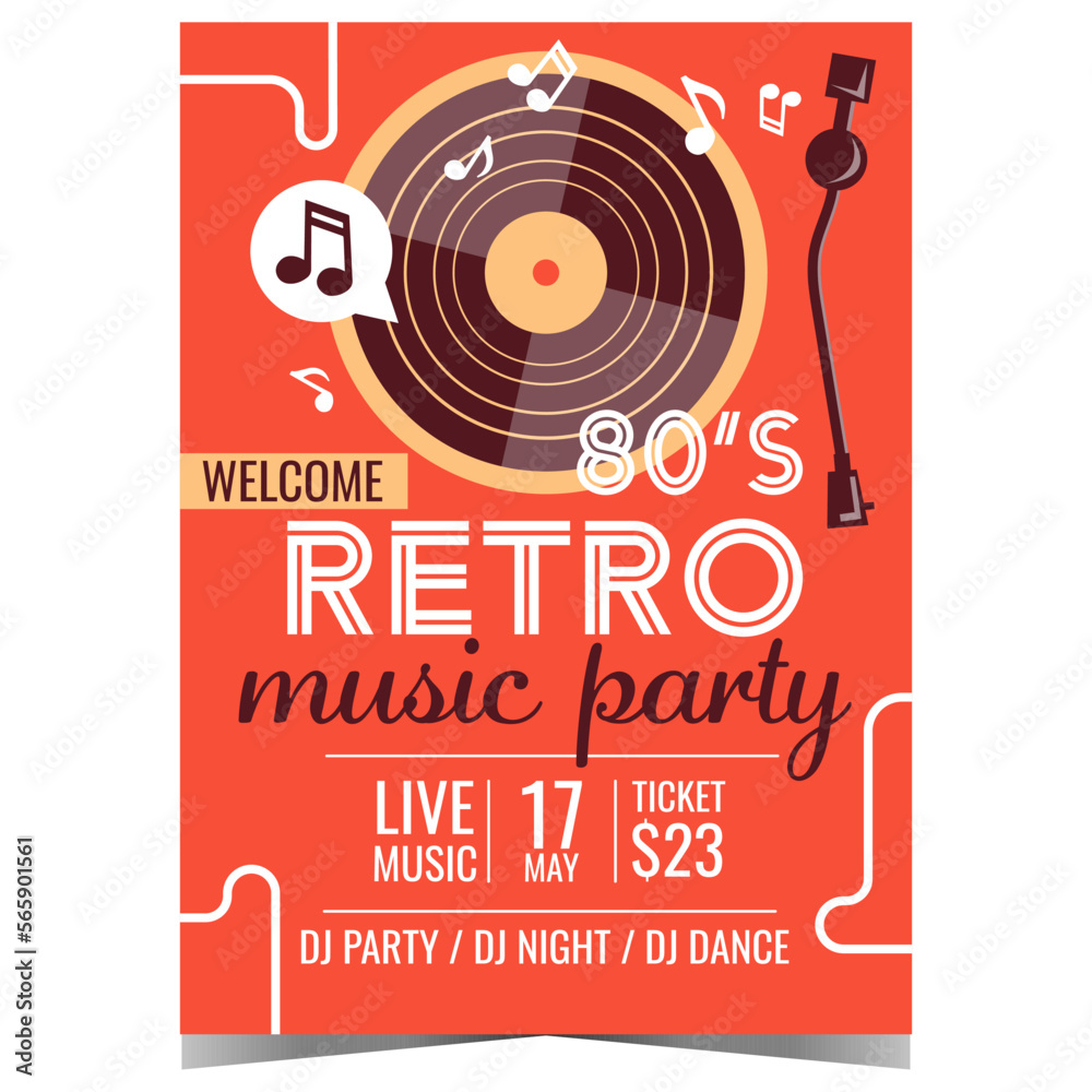 Retro music eighties party invitation poster. Vector design template of ...