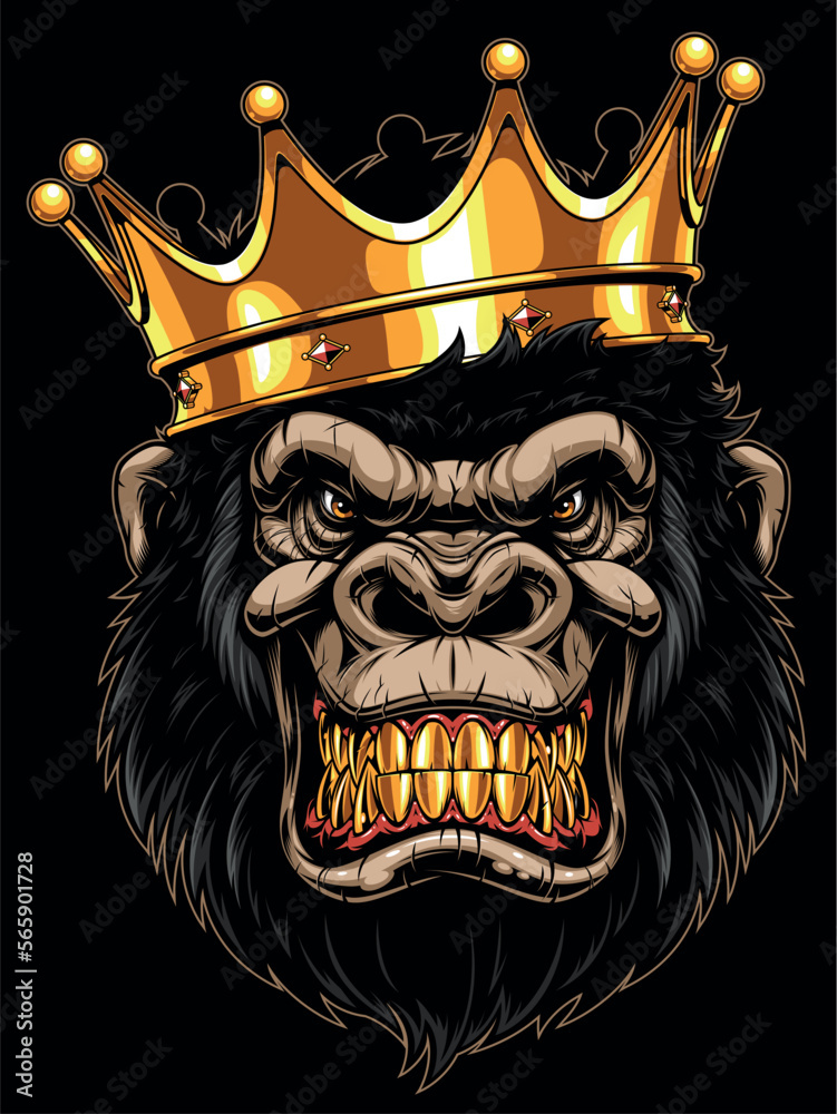 Vector illustration, a gorilla in a crown with gold teeth smirks and ...