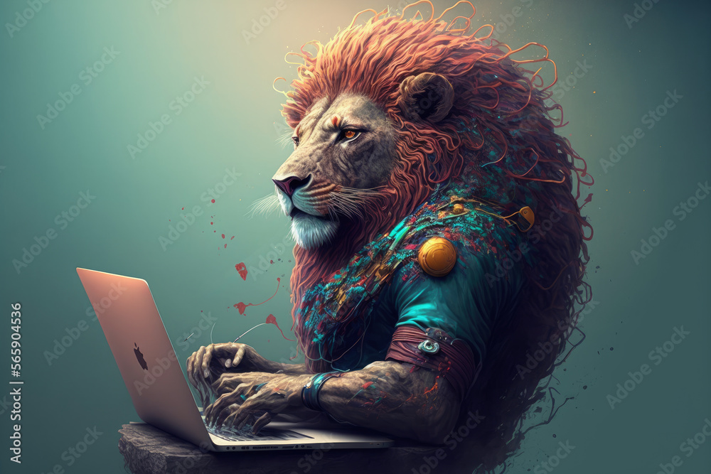 Lion graphic designer, creating logos and designs on a computer ...