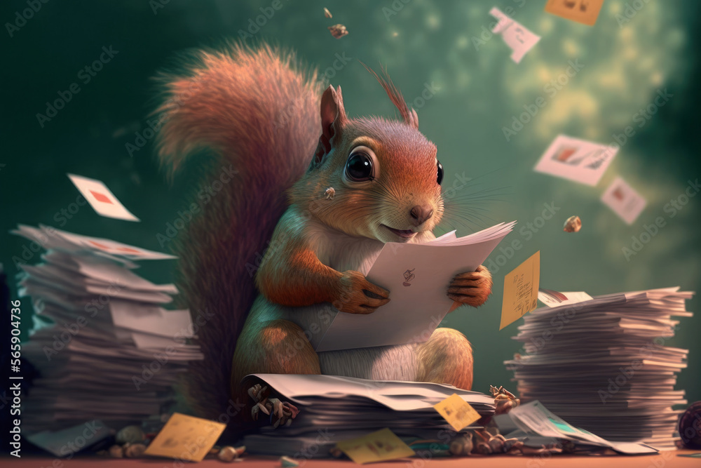 Squirrel sorting through stacks of paper, organizing office files ...