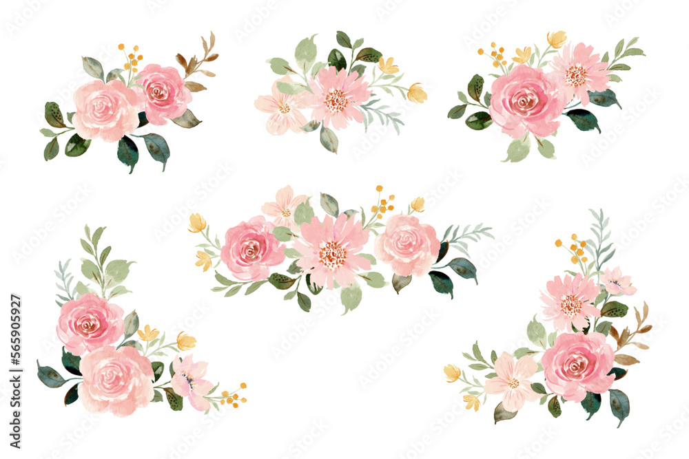 Watercolor pink rose flower arrangement collection Stock Vector | Adobe ...