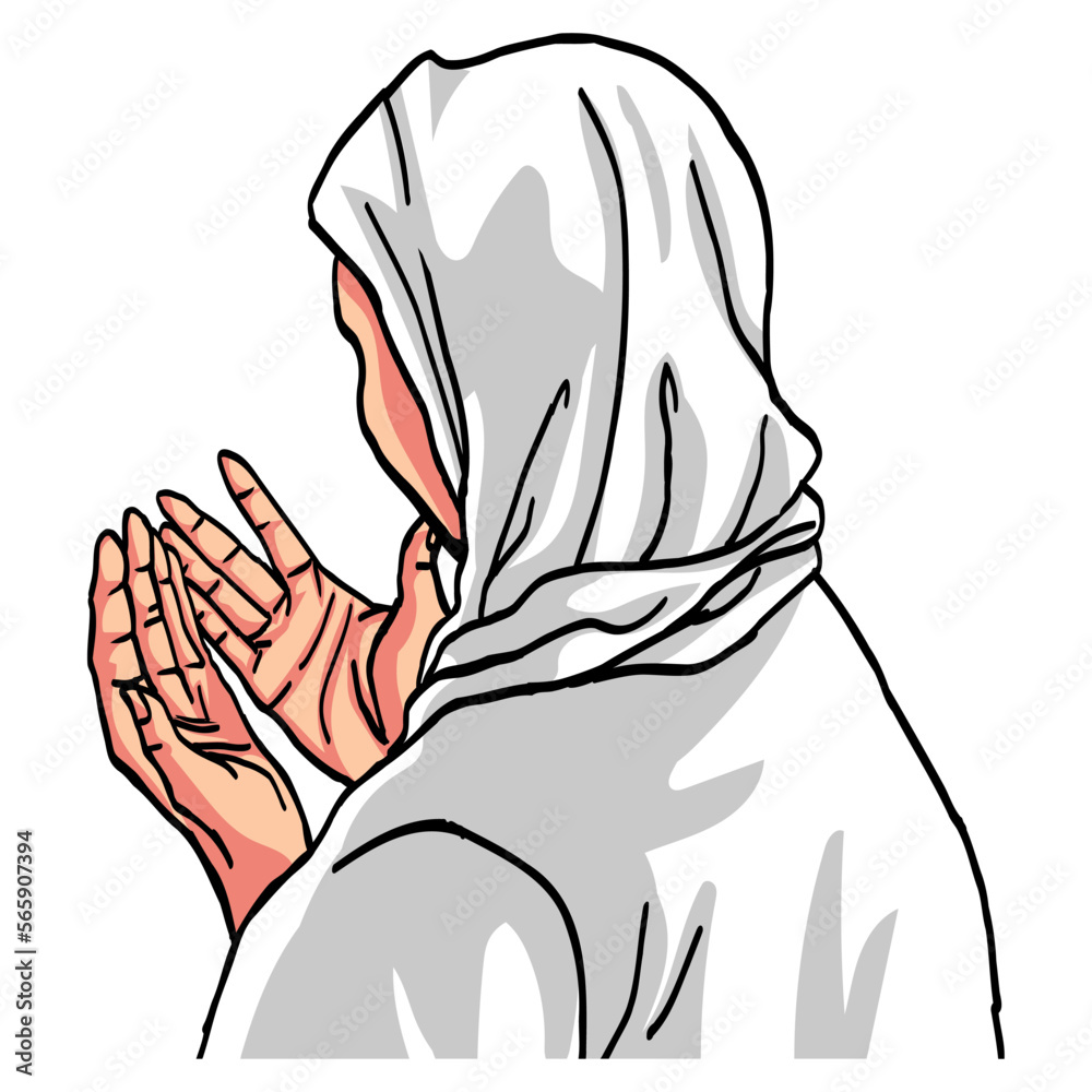 Muslim Woman Praying Cartoon Drawing Vector Illustration Art Stock ...