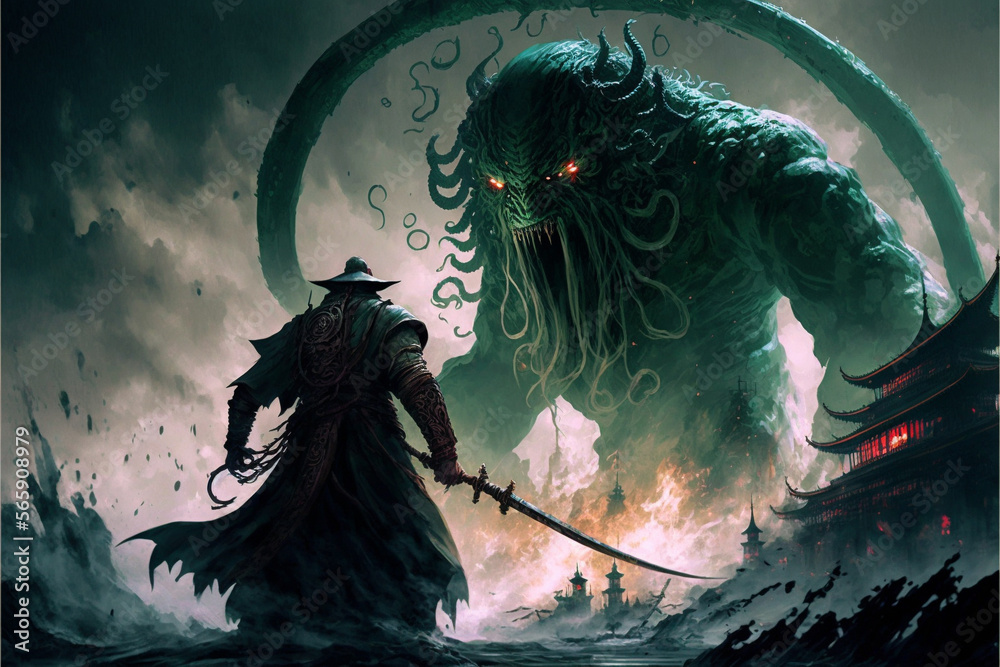 Japanese fantasy samurai and Cthulhu, AI Stock Illustration | Adobe Stock