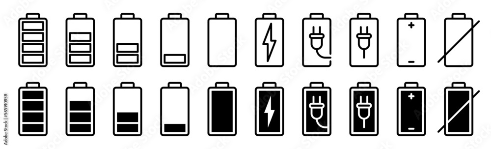 Battery vector icon set. Battery level indicator icons. Battery life ... Battery vector icon set. Battery level indicator icons. Battery life ...