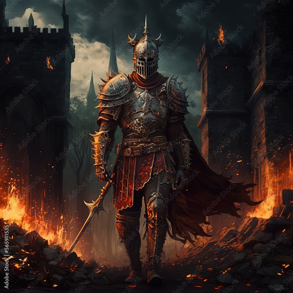 Realistic knight in front of burning buildings; detailed ruins, dark ...