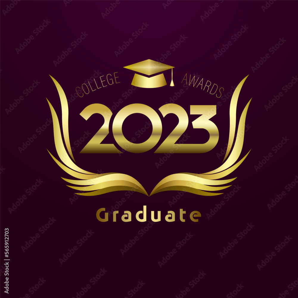 Class of 2023 year graduation logo. Open golden textbook as awards ...