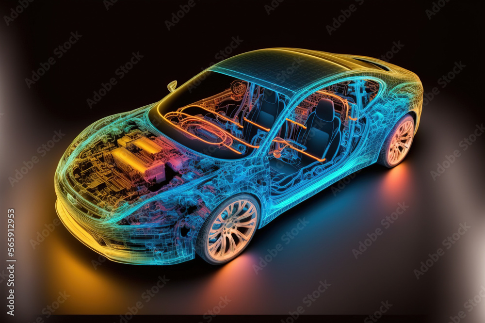 Virtual simulation of future electric car showing wireframe prototype model blueprint in display ...