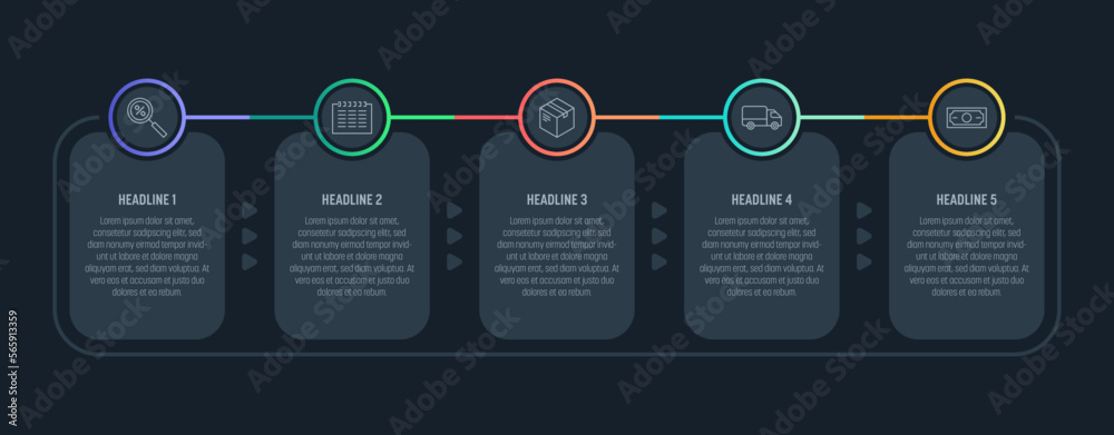 Dark Infographics with recurring process. Five steps and colorful ...