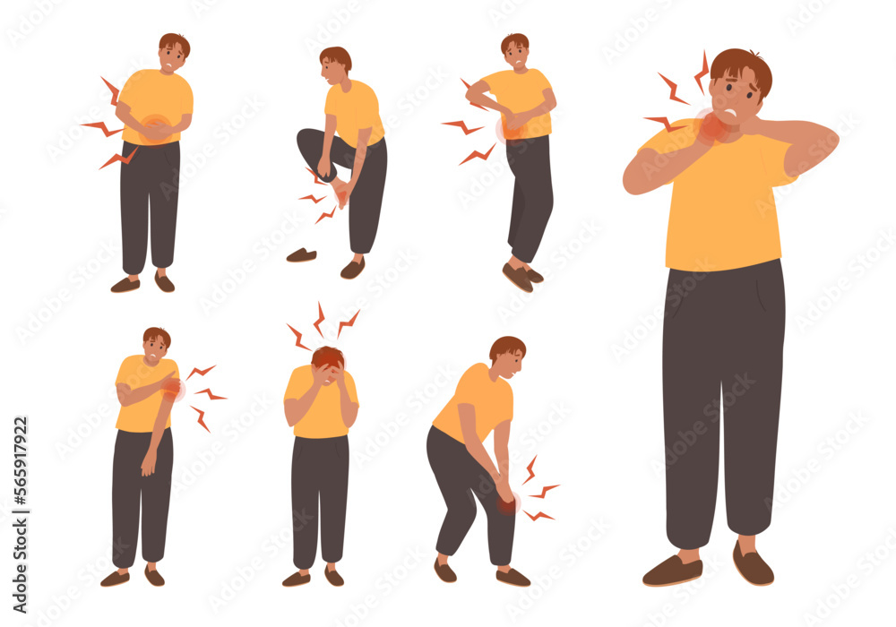 Set of Man suffering from various type of pain. Health Problem, Disease ...