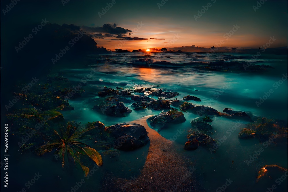 tropical blue sea magical sunset beautifully color graded Unreal Engine ...