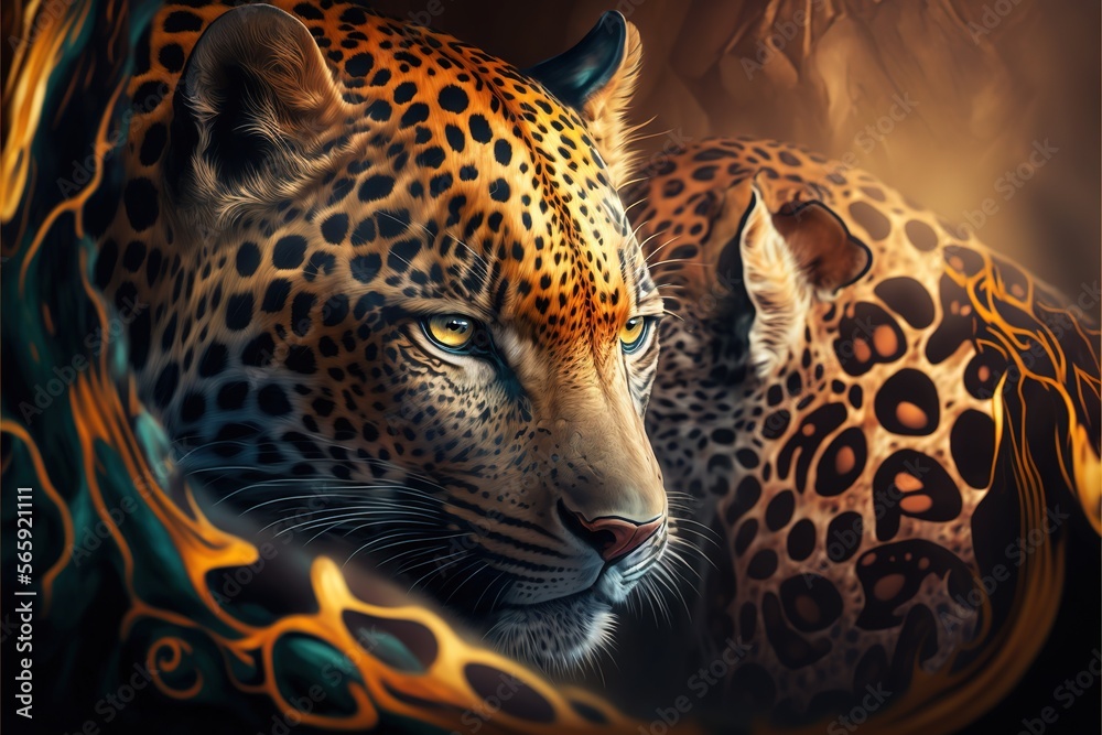 a painting of a leopard and a leopard in a jungle scene with a full ...