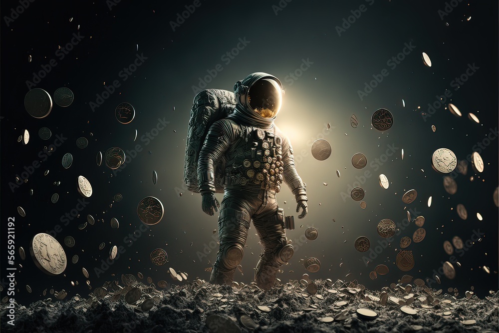Moon man covered in btc coins in space with dramatic lighting and earth ...
