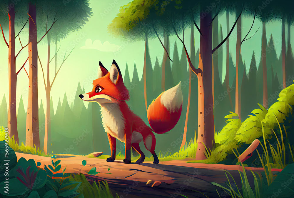 Cartoon fox in the forest created with AI Stock Illustration | Adobe Stock