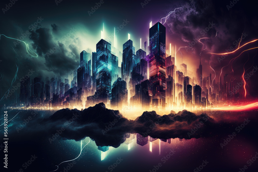 Illuminated abstract cityscape with multiple light sources, generative ...