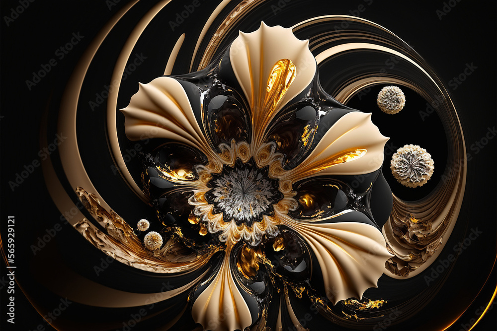 ภาพประกอบสต็อก Abstract design of black, white and golden flowers on a ...