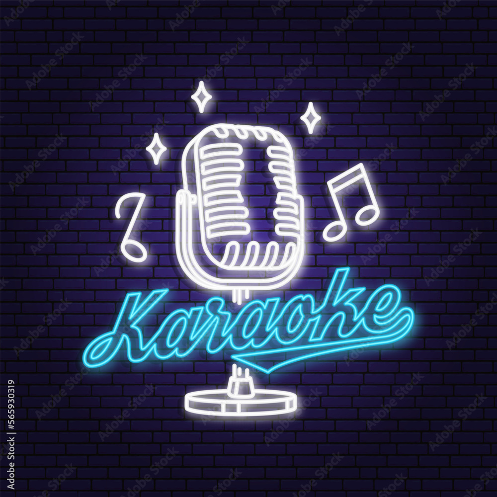 Karaoke neon poster, banner. Neon sign, emblem, bright signboard, light ...