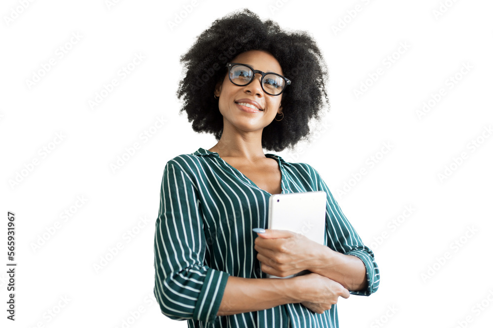 A beautiful woman isolated transparent background in the office doing ...